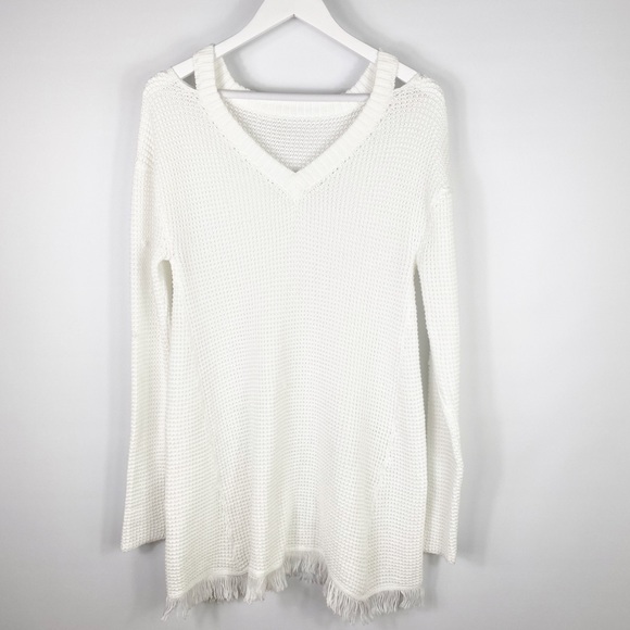 Unknown | Tops | V Neck Frayed Hem Cut Out Tunic Sweater | Poshmark